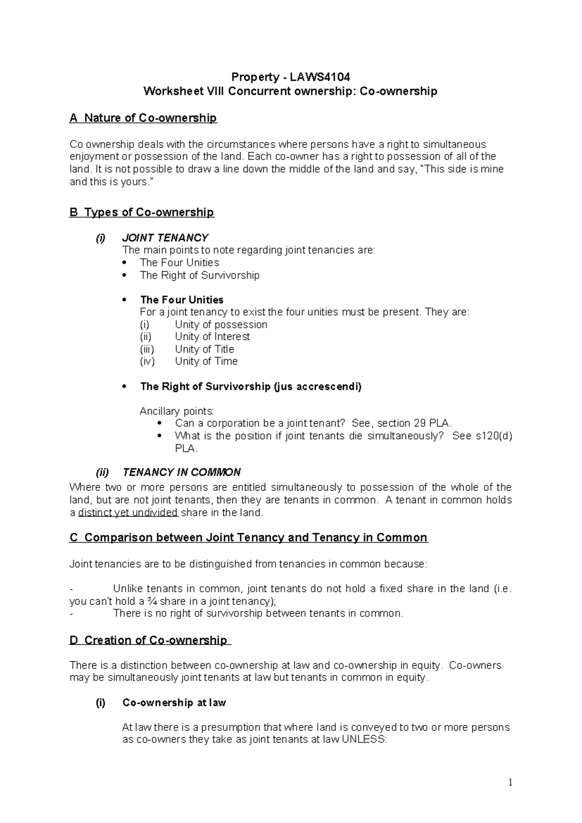 Property LAWS4104 Worksheet: Understanding Concurrent Ownership and Co ...