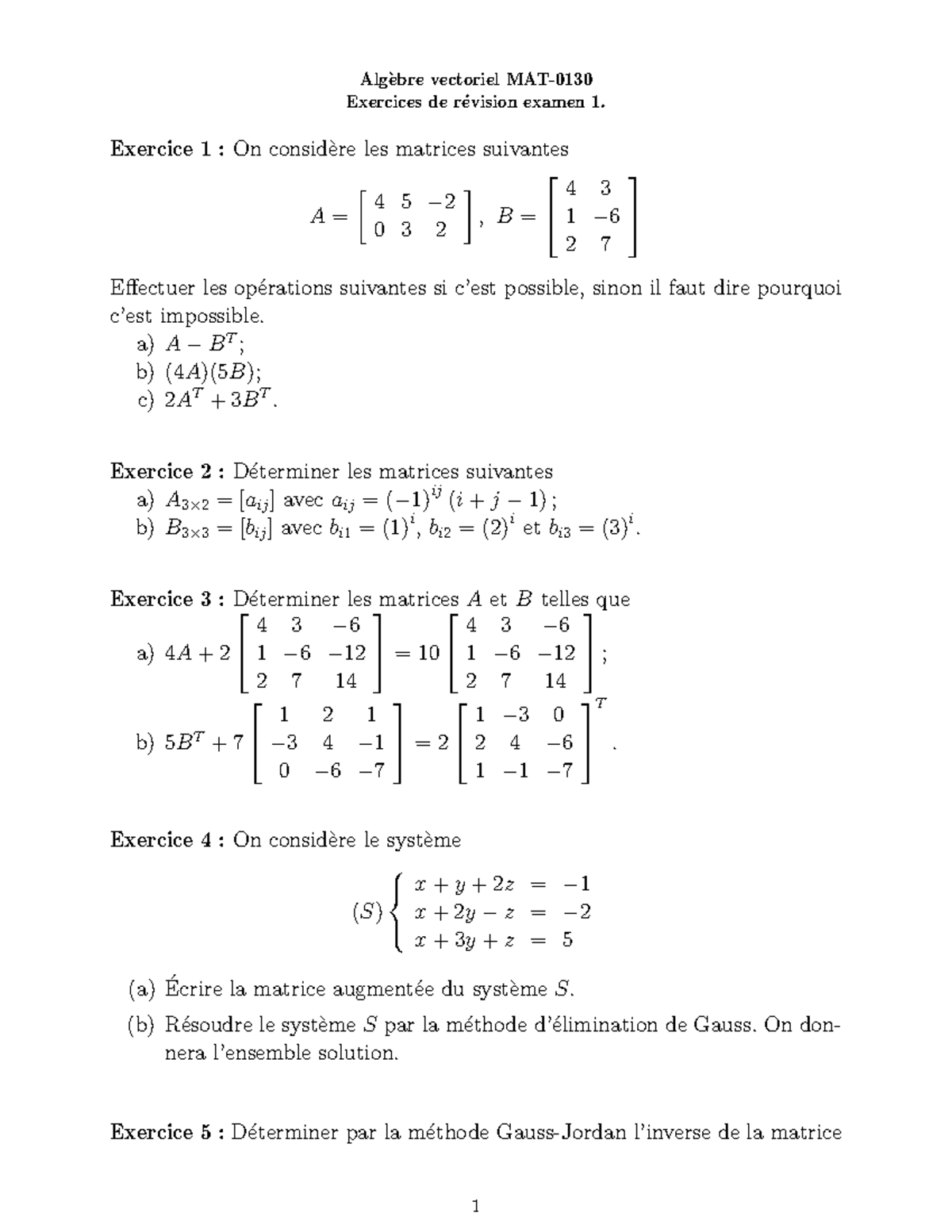 M0130 Rev Ex 1A25 - Exercices d'Examen Préparatoire sur les Matrices - Studocu