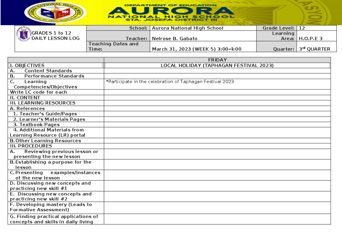 DLL HOPE3 Q3 W7 - Weekly Lesson Log for Grade 12 H.O.P.E. - Studocu