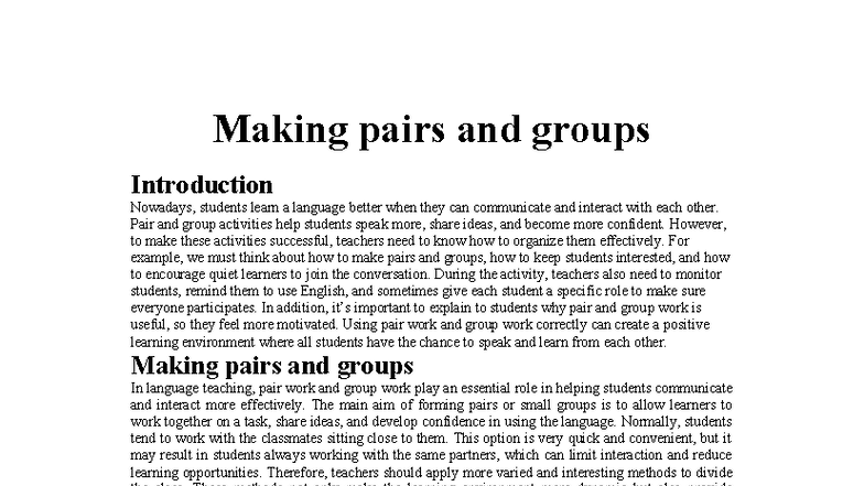 Effective Pair and Group Activities in Language Learning - Studocu