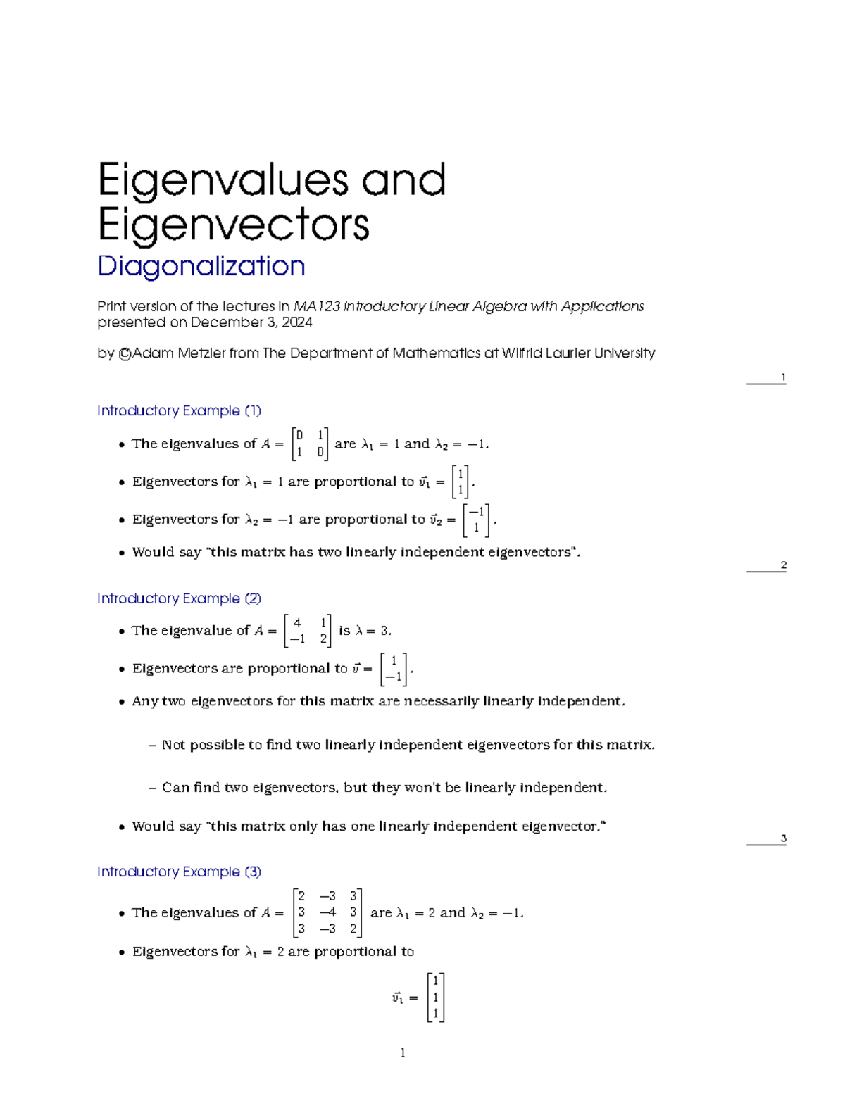 MA123 Diagonalization Notes: Eigenvalues and Eigenvectors Overview ...