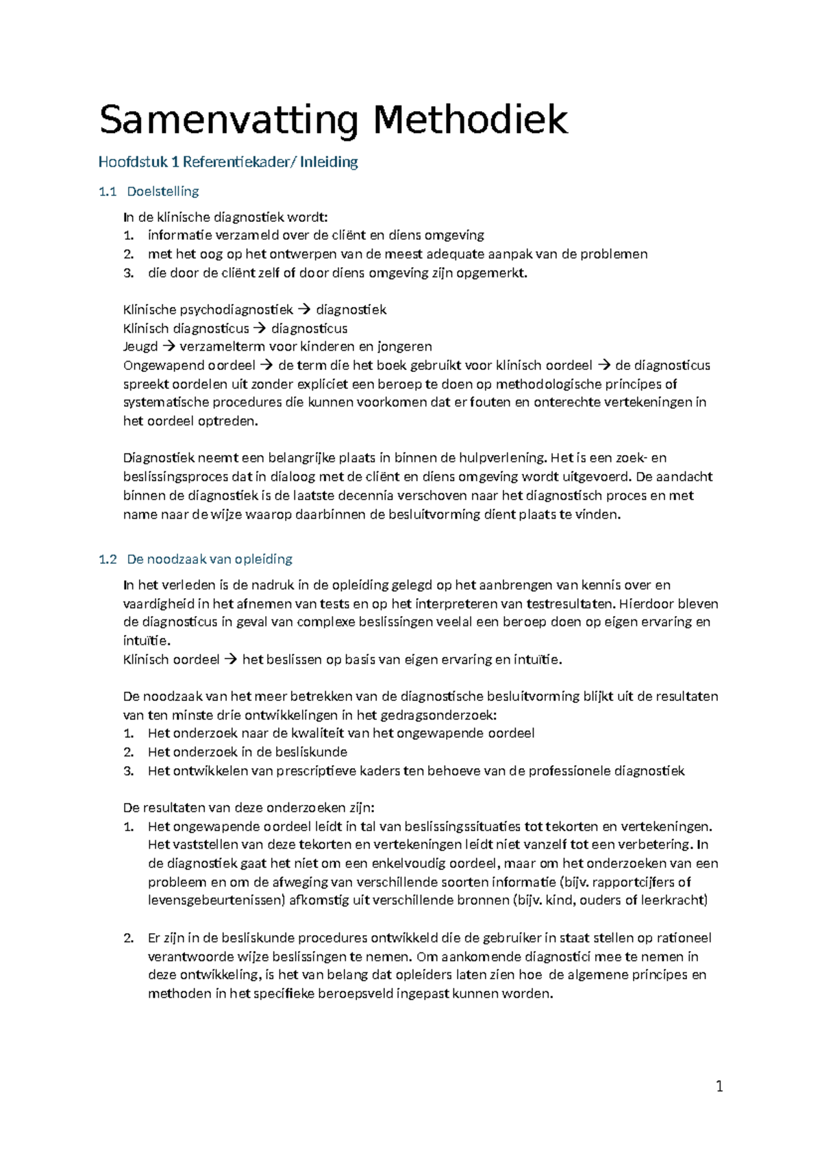 Samenvatting Methodiek Hoofdstuk 1: Inleiding en Doelstellingen ...