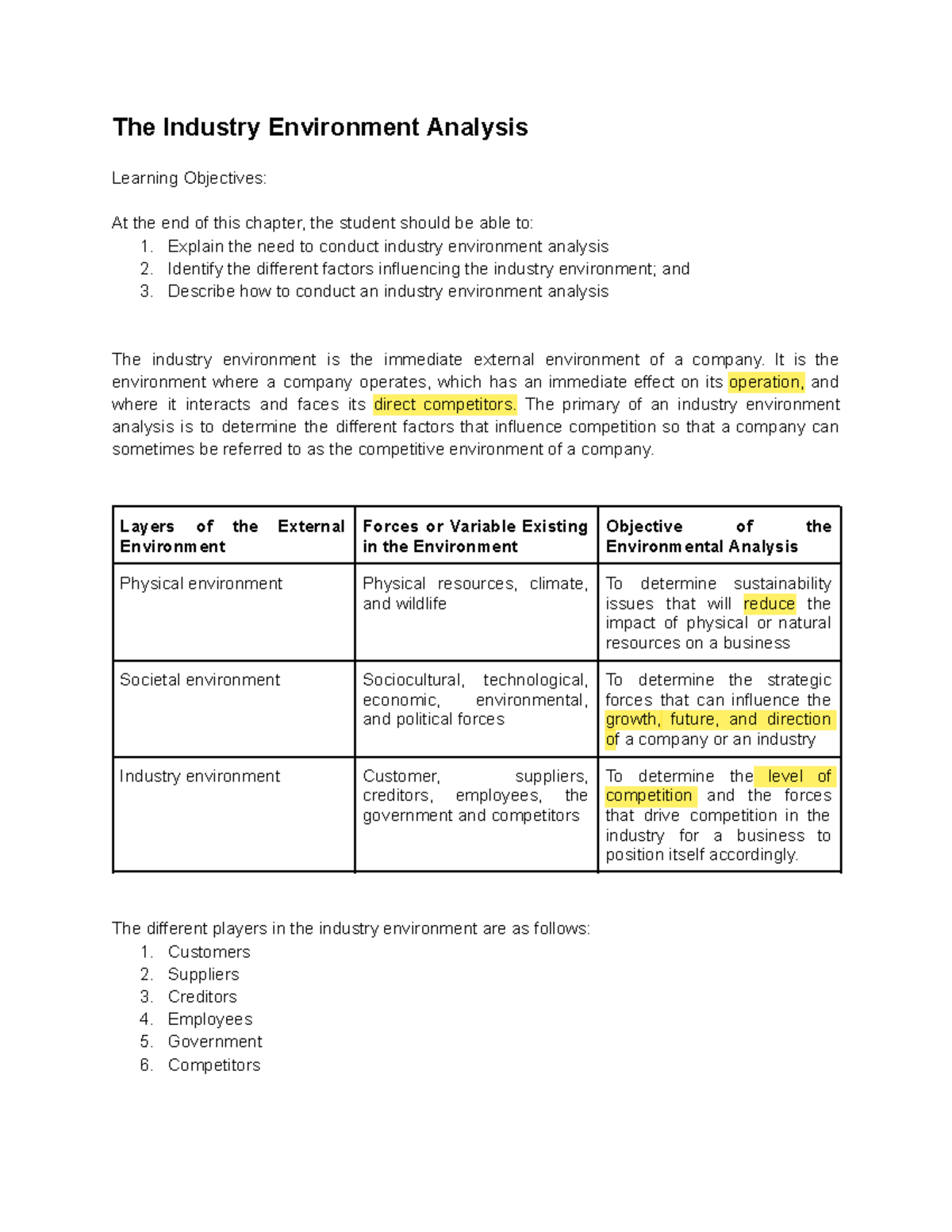 Notes The Industry Environment Analysis - The Industry Environment ...