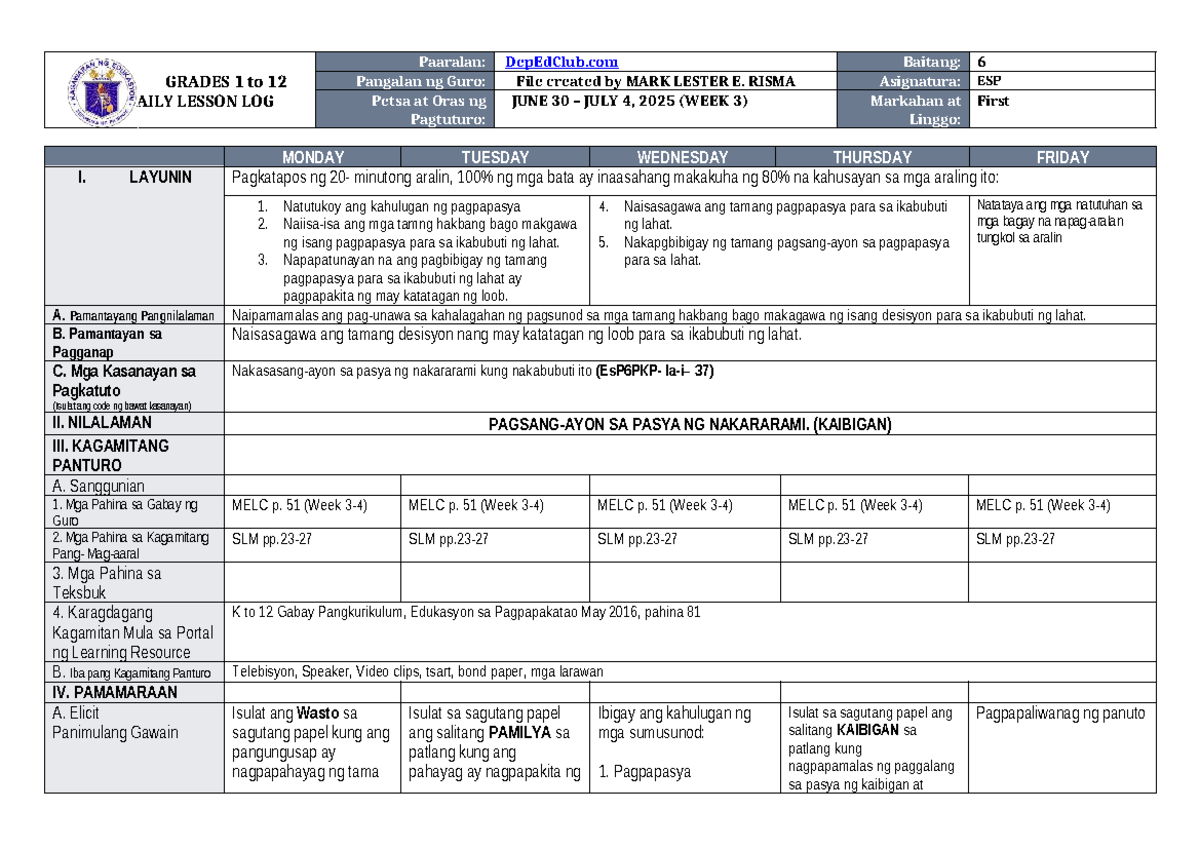 DLL ESP 6 Q1 W3: Daily Lesson Log for Decision-Making Skills - Studocu