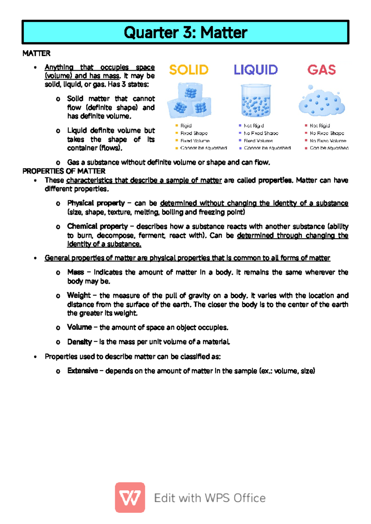 Unit 3 Matter revised - A good unit - MATTER Anything that occupies ...