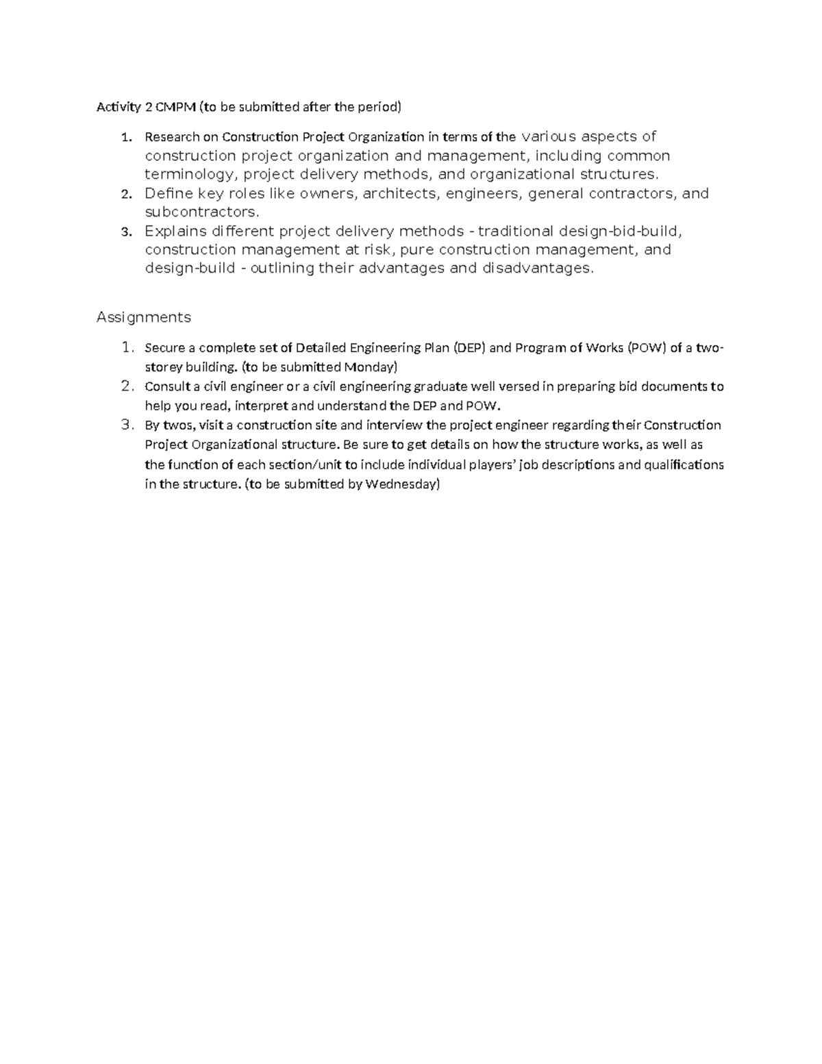 Activity 2: Research on Construction Project Org. - CMPM - Studocu