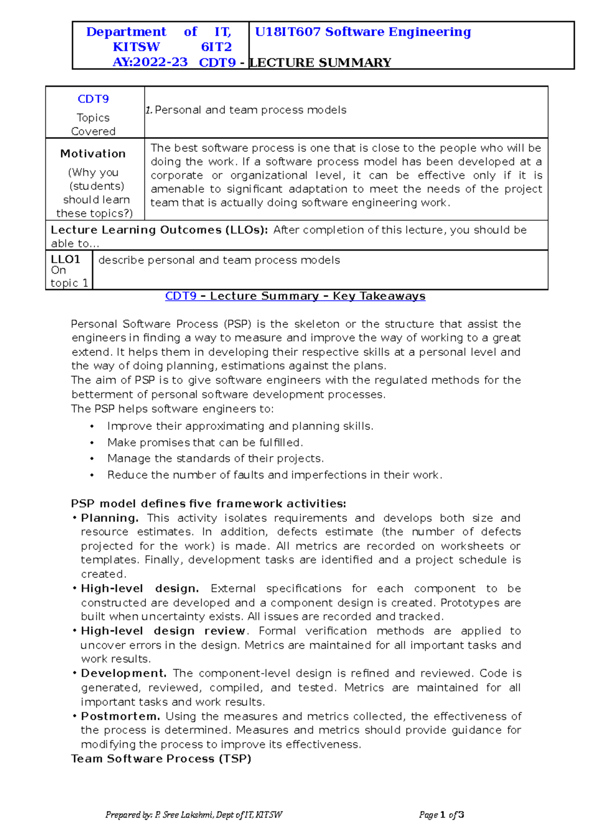 CDT9 - Lecture Summary: Personal and Team Process Models in SE - Studocu