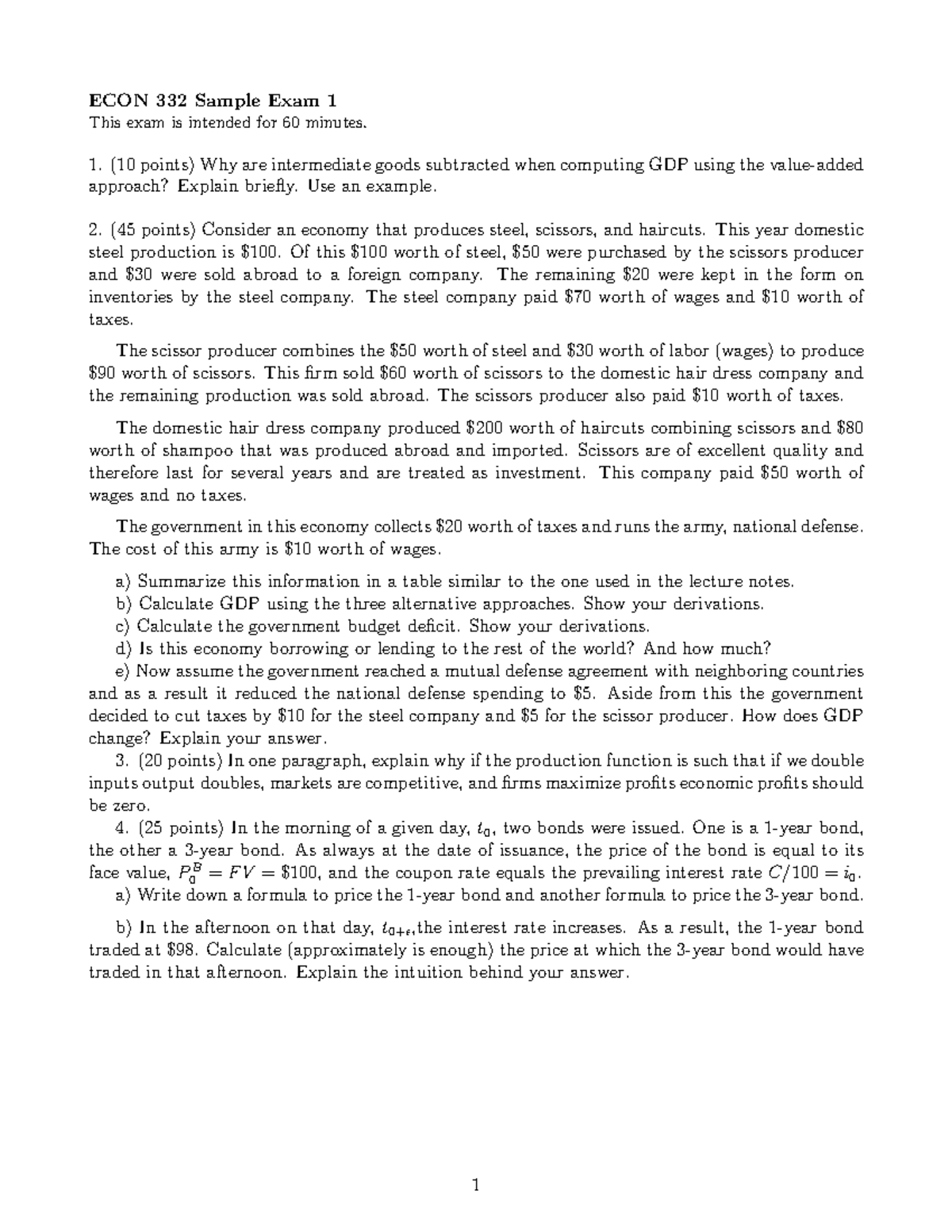Econ 332 Sample Midterm Exam 1: GDP & Bond Pricing Analysis - Studocu