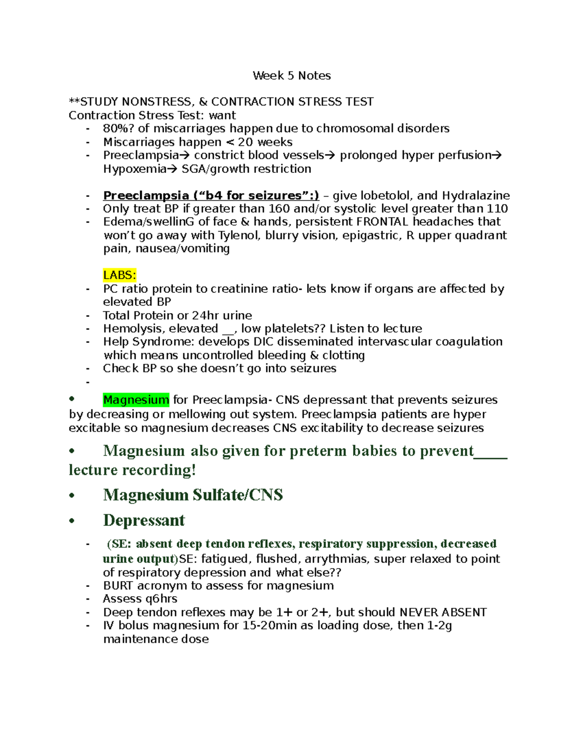 OB- Week 5 Lecture Notes: Preeclampsia and Pregnancy Complications ...