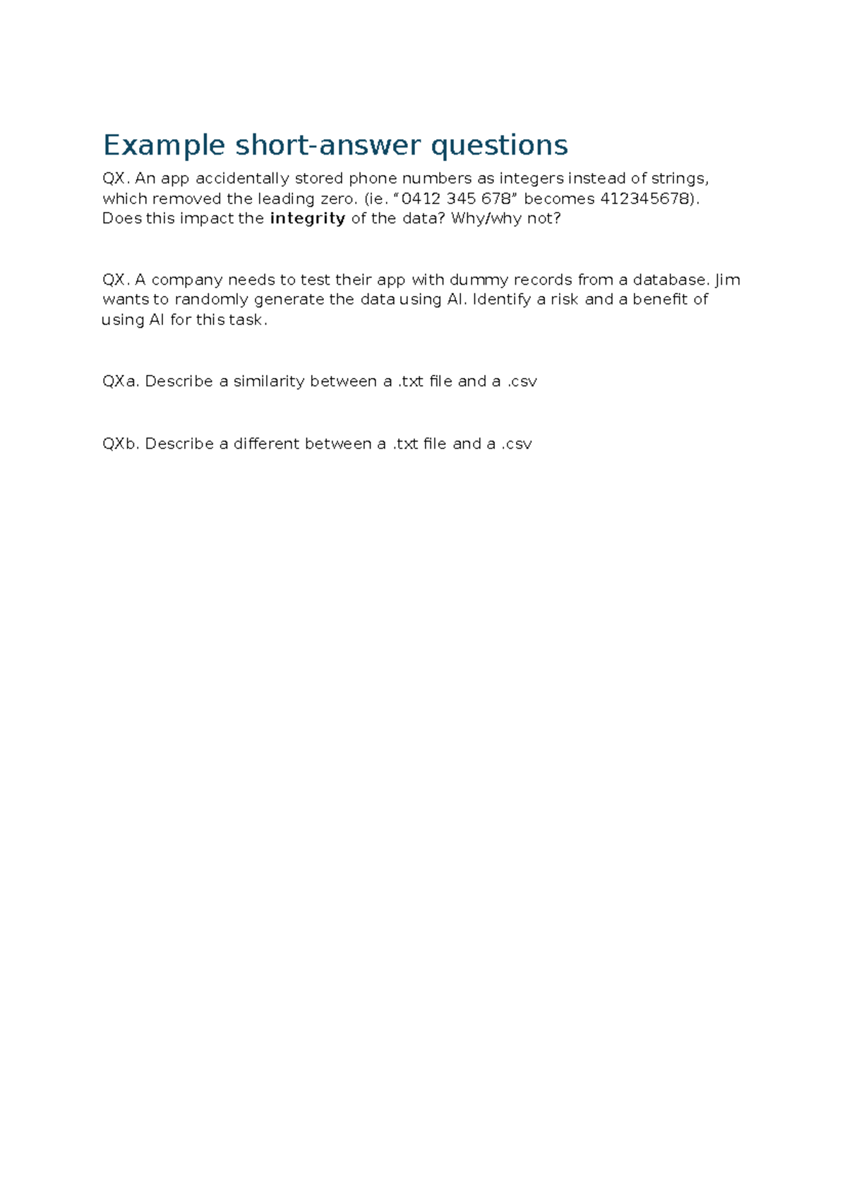U1 Exam Practice - Short Answer Questions on Data Integrity and AI ...