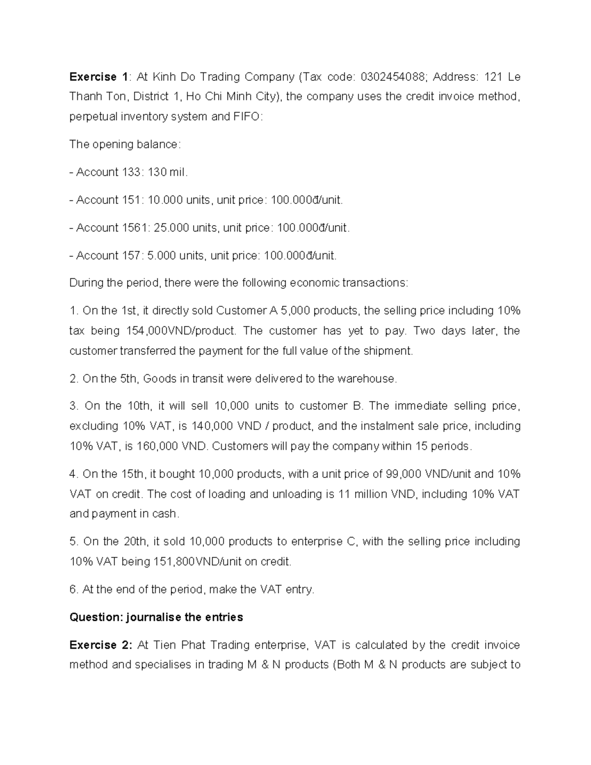 VAT Exercise: Journal Entries for Kinh Do & Tien Phat Trading Co. - Studocu
