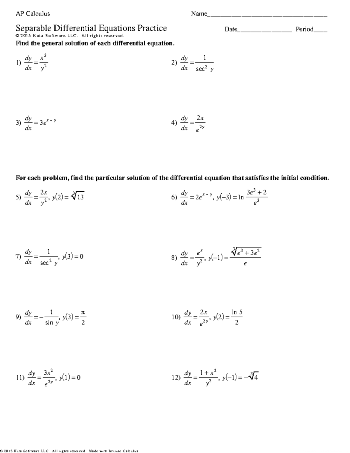 AP Calculus - Practice with Separable Differential Equations - Studocu