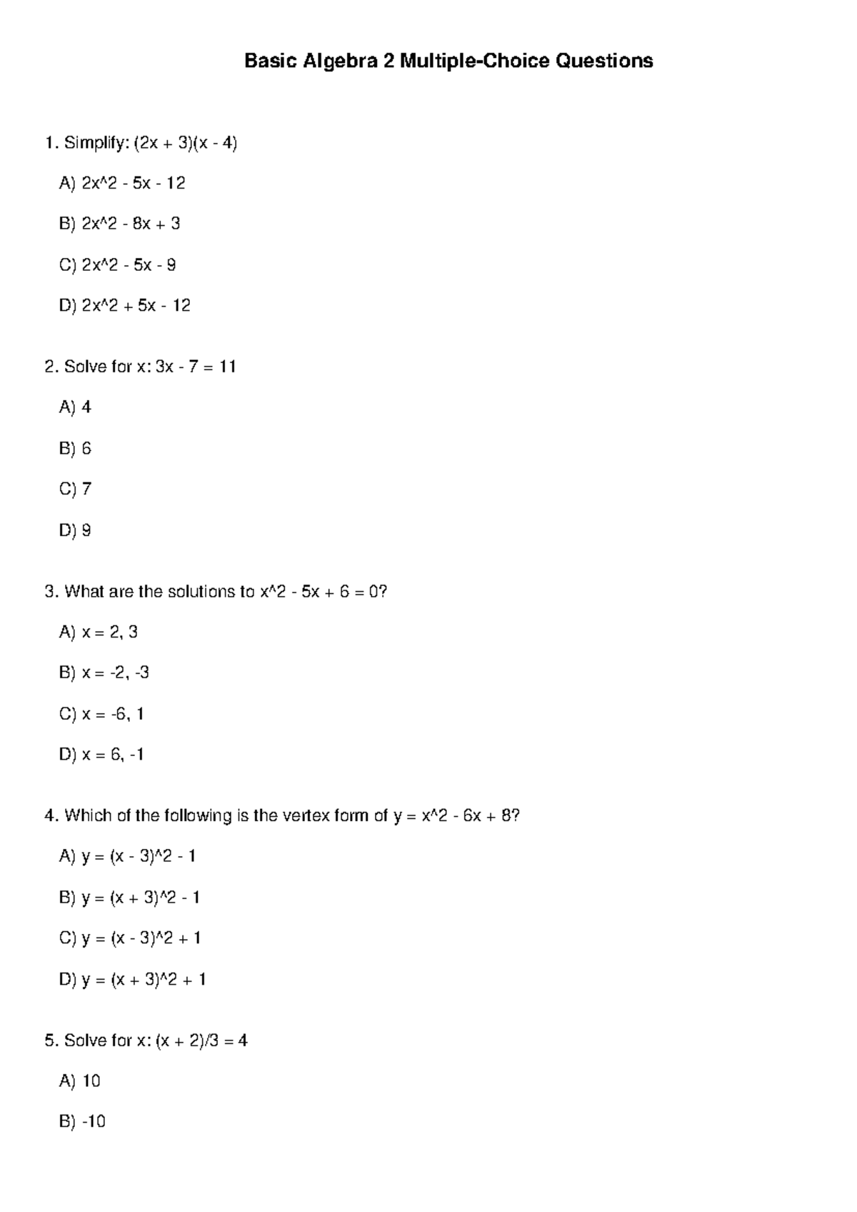 Algebra 2 Basic Questions Basic Algebra 2 Multiple Choice Questions A