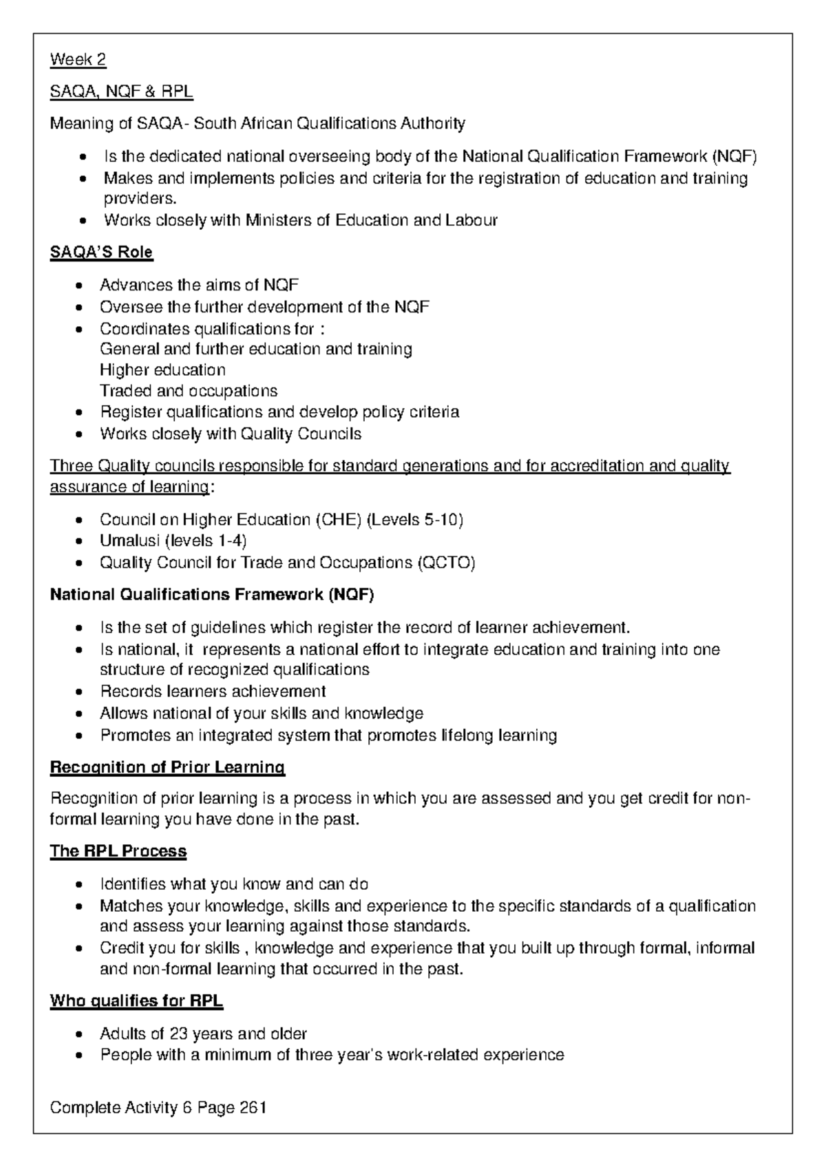 Week 2 Lecture Notes on SAQA, NQF, and RPL Overview - Studocu