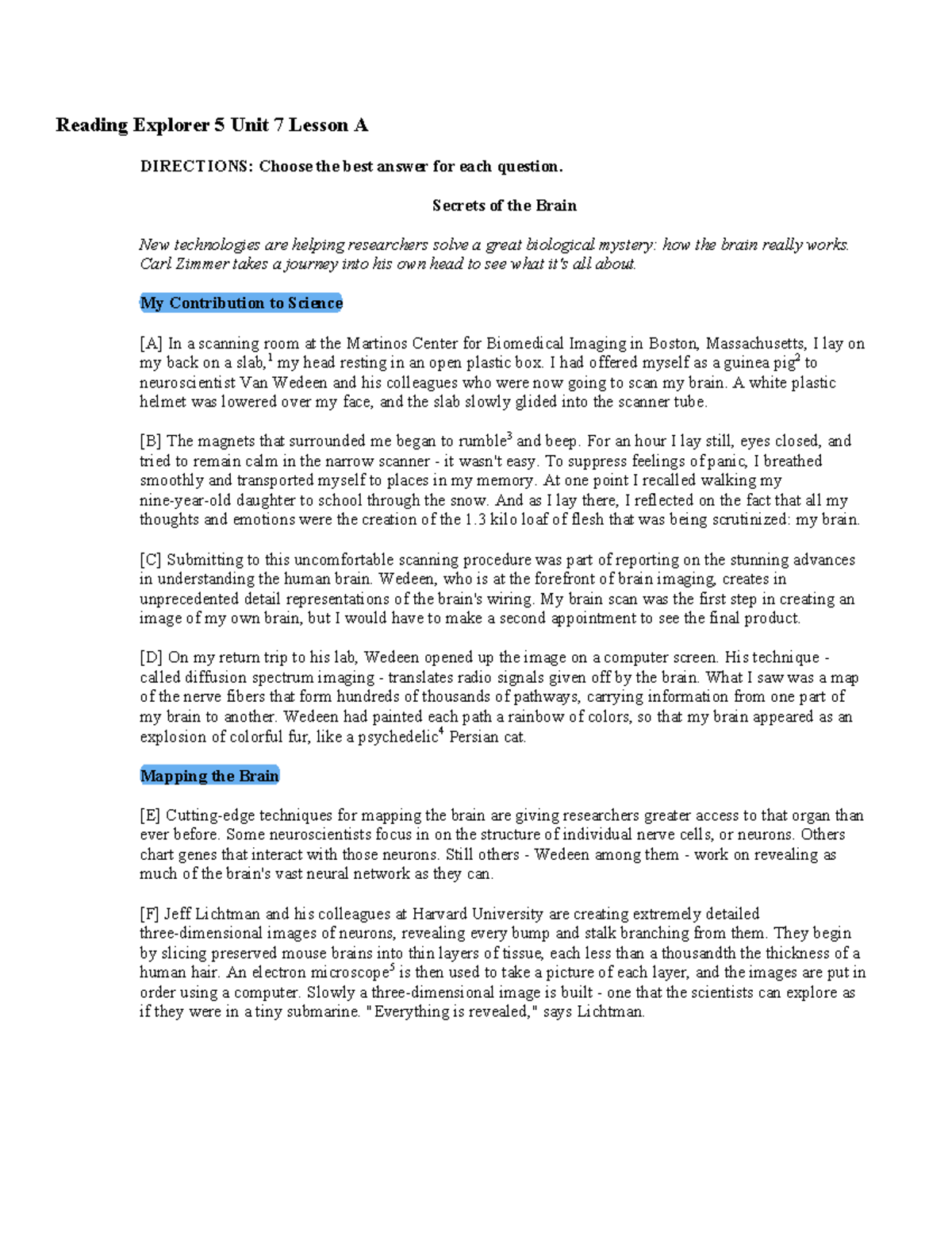 Reading Explorer 5 Unit 7 Lesson A: Secrets of the Brain and Mapping ...
