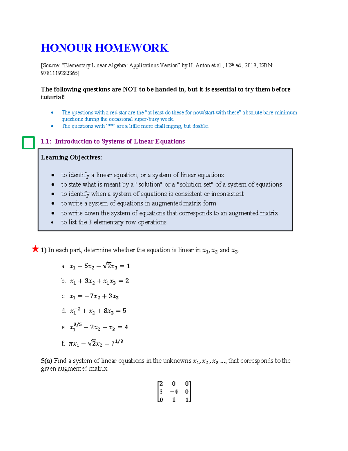 HONOUR HOMEWORK Linear Algebra: Systems & Gaussian Elimination - Studocu