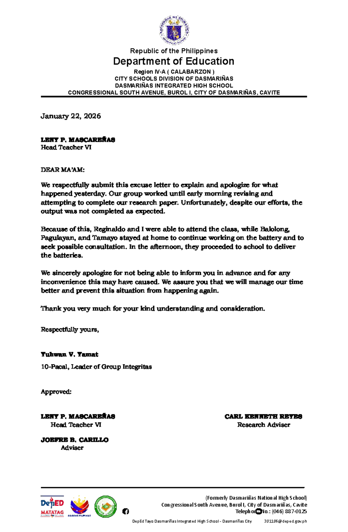 Excuse Letter for Research Delay - Dasmariñas Integrated High School ...