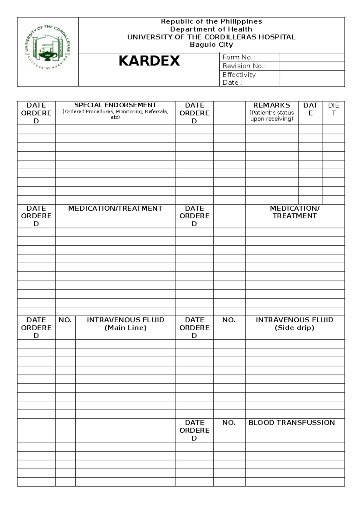Kardex and IVF Form for Patient Care Documentation - Studocu