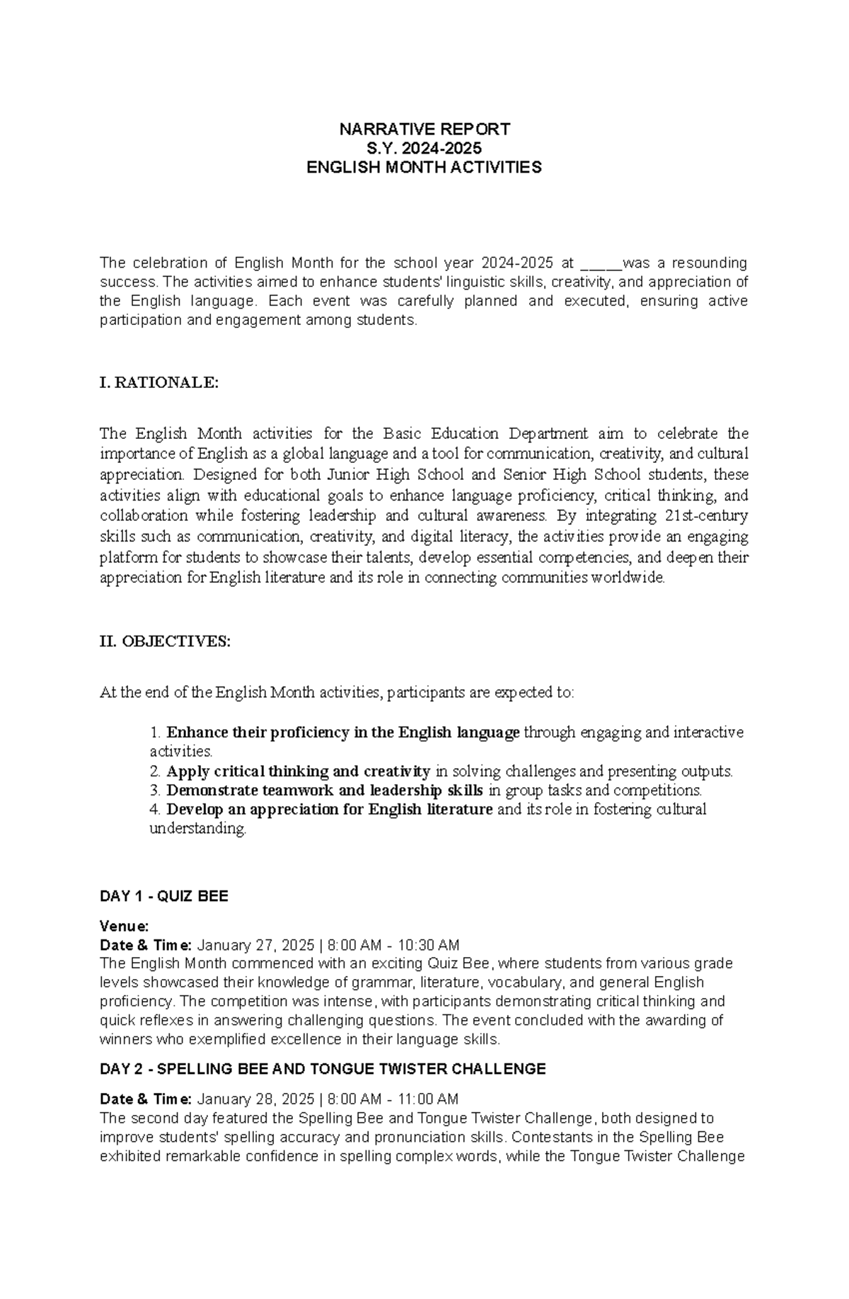 Narrative Report: English Month Activities S.Y. 2025 - Success Overview ...