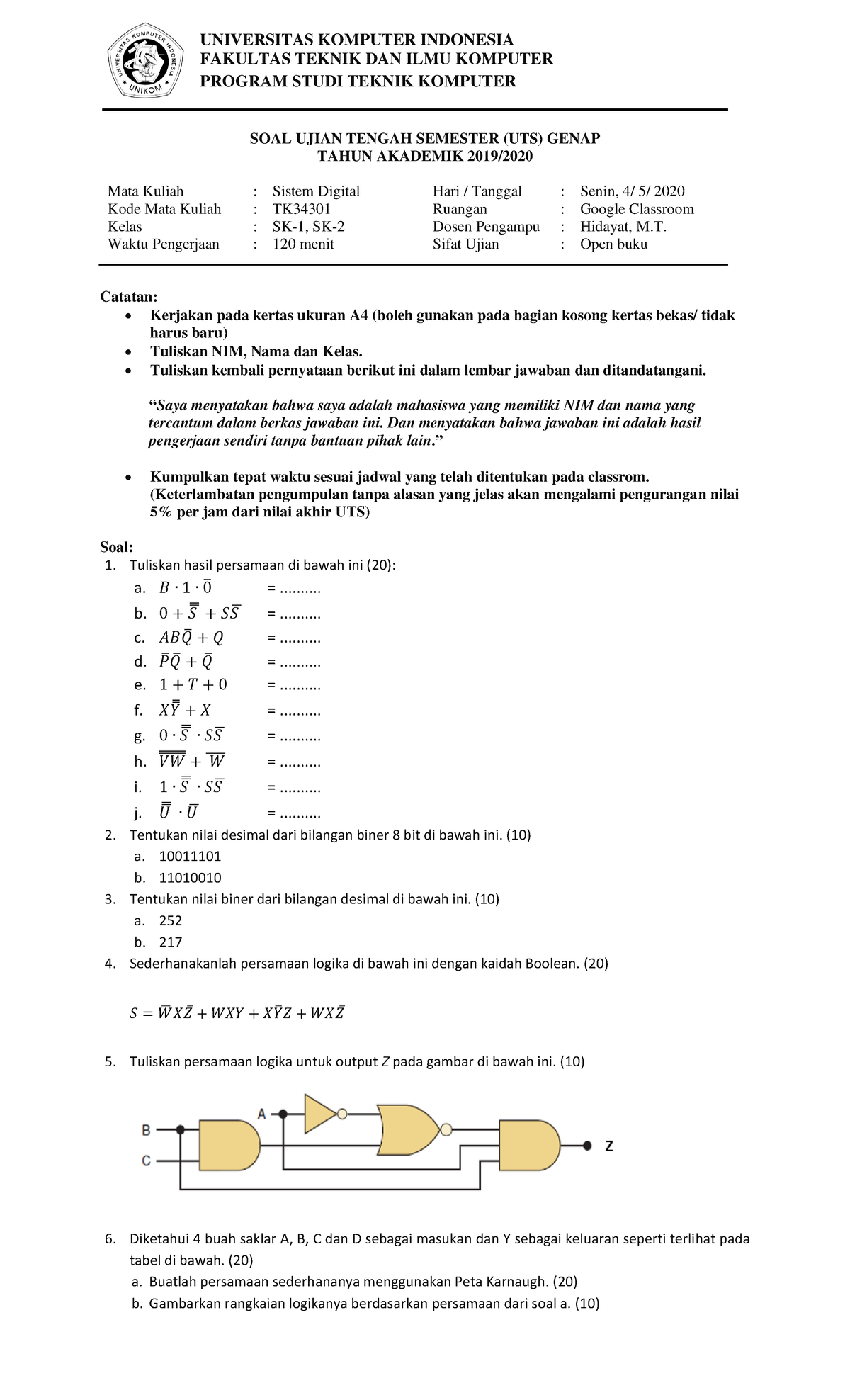 Soal UTS Sistem Digital TK34301 - Genap 2020 dan Penjelasannya - Studocu