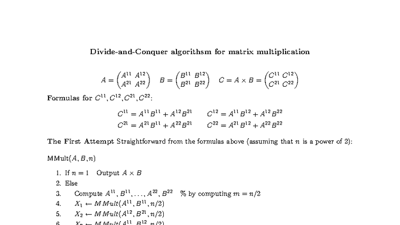 Matrix Multiplication Algorithms: A11 A12 A21 A22 Analysis - Studocu