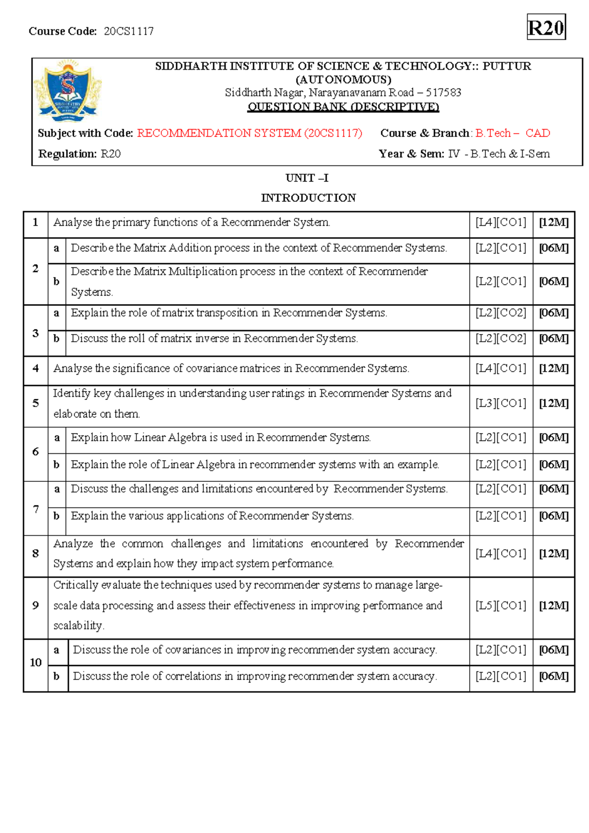 20CS1117 - Recommender Systems: Comprehensive Question Bank - Studocu