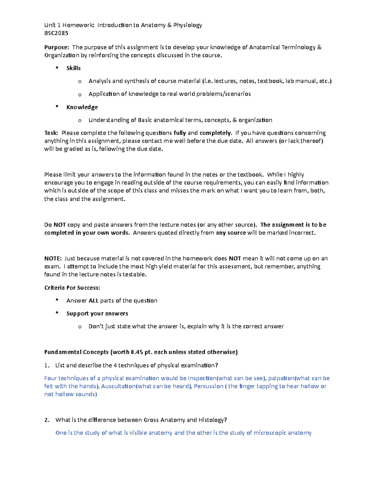 Unit 1 Homework: Intro to A&P Concepts & Terminology - BSC - Studocu