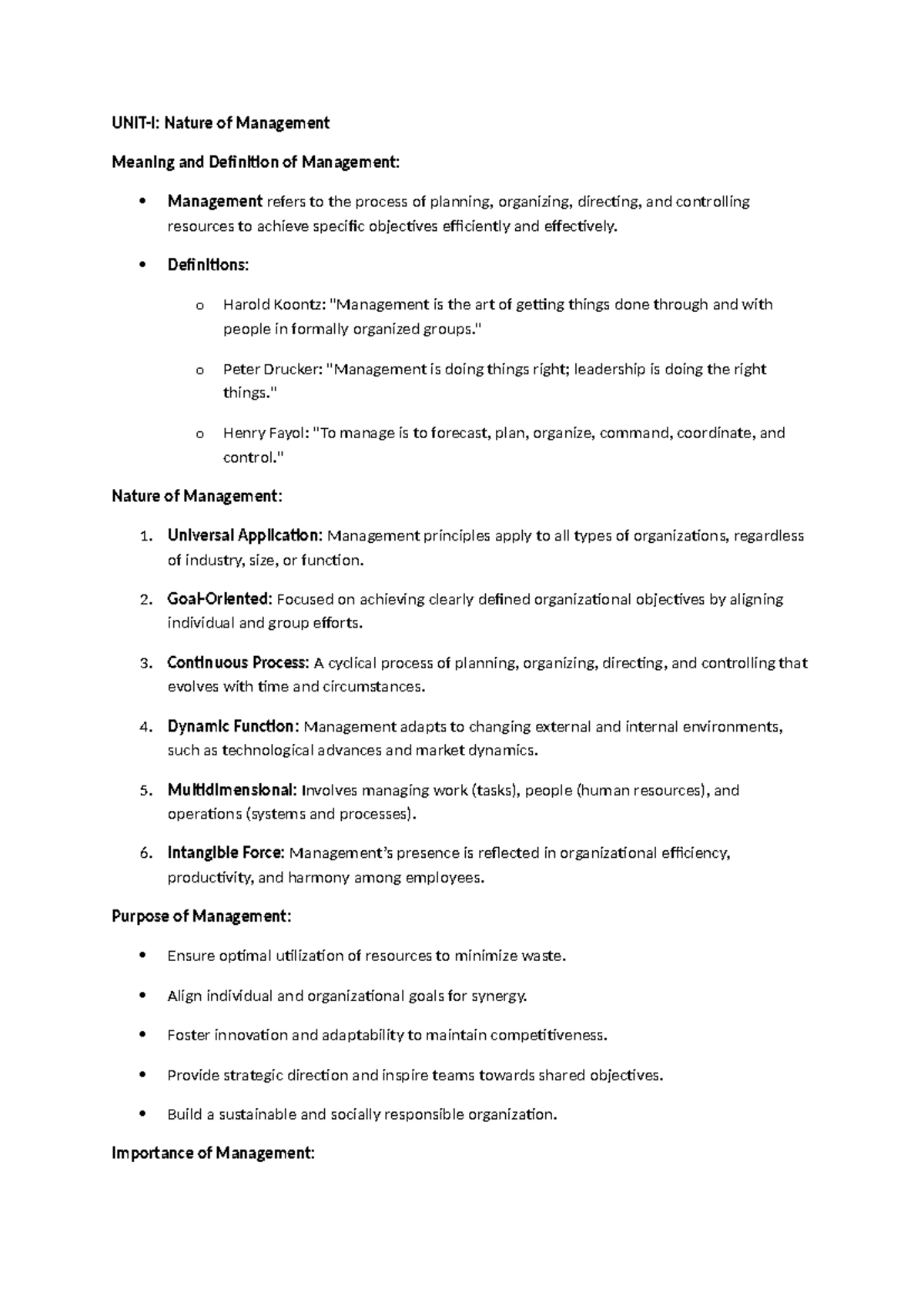 POM - Notes of the POM BCA-104 - UNIT-I: Nature of Management Meaning ...