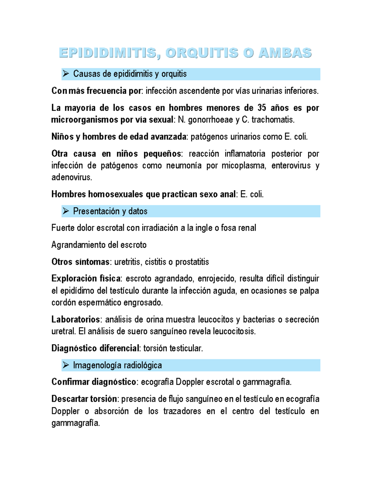 Epididimitis y Orquitis: Causas, Diagnóstico y Tratamiento - Studocu