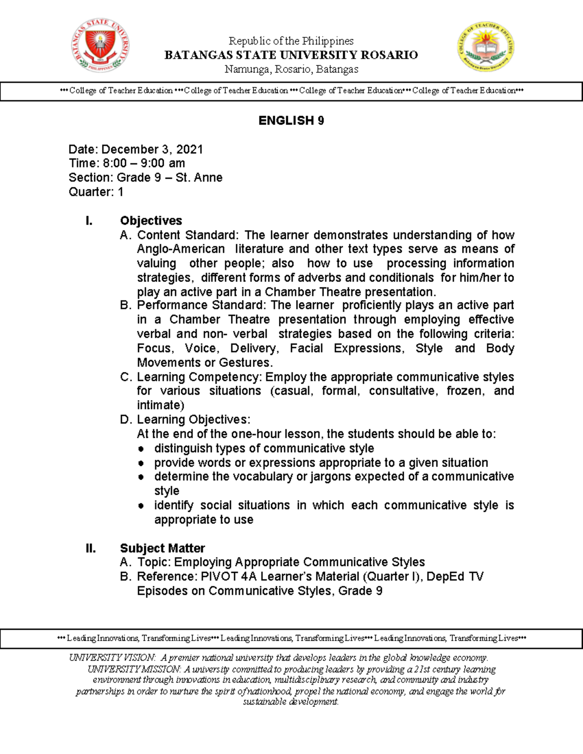 English 9 - Lesson Plan on Communicative Styles - Studocu