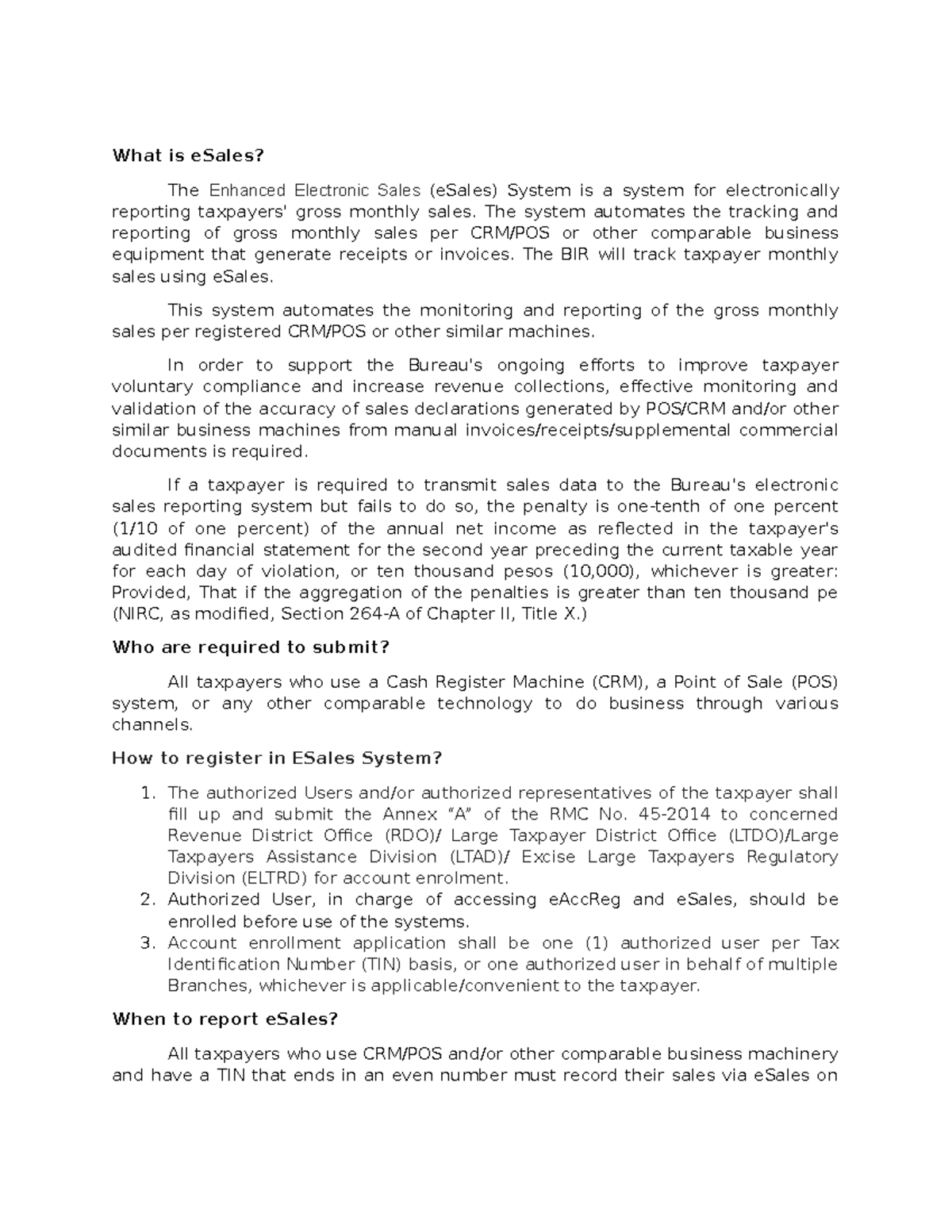 eSales System: Compliance Guidelines and Reporting Procedures - Studocu