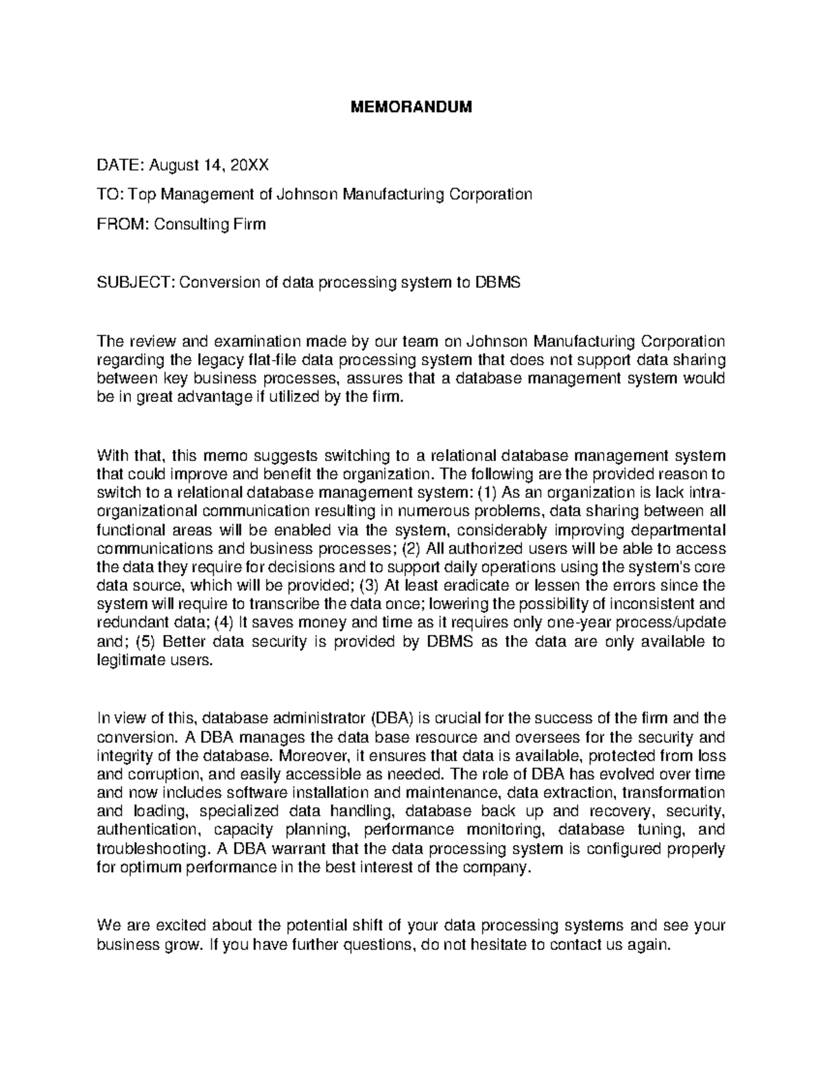 Memo - Transitioning to DBMS for Enhanced Data Management - Studocu