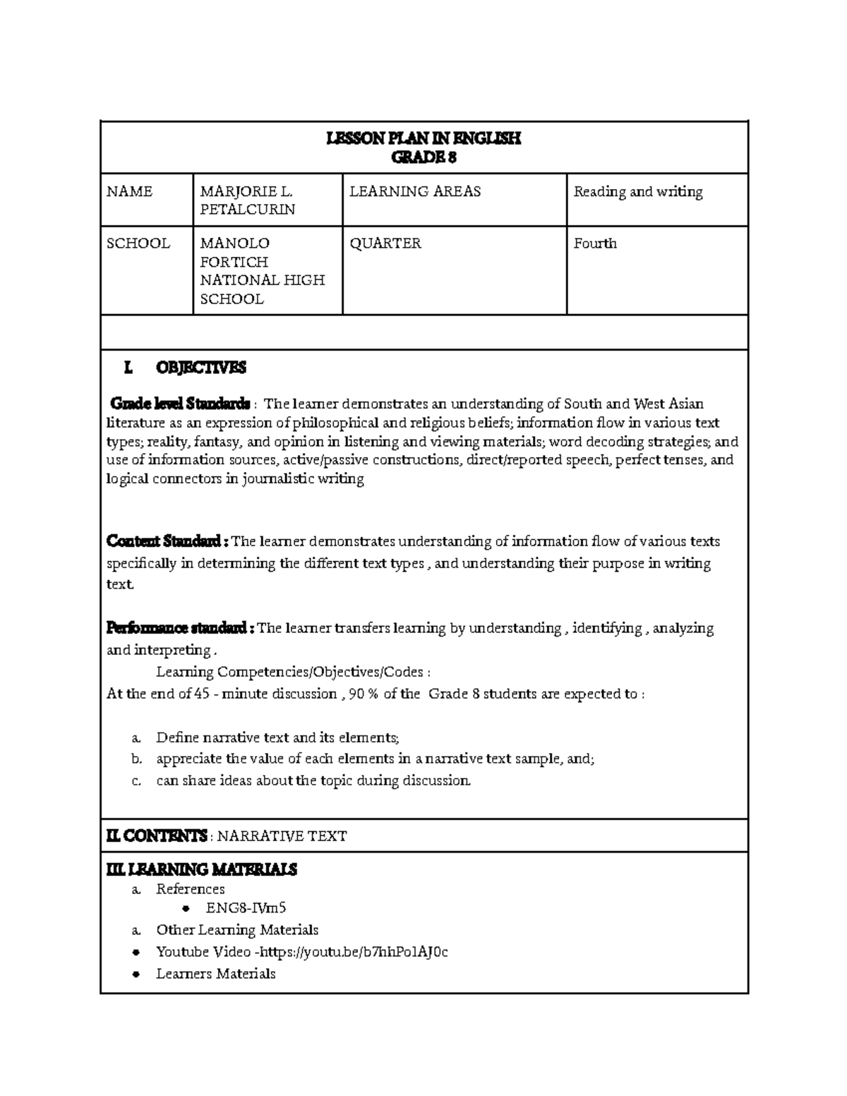 Narrative Lesson PLAN IN English - LESSON PLAN IN ENGLISH GRADE 8 NAME ...