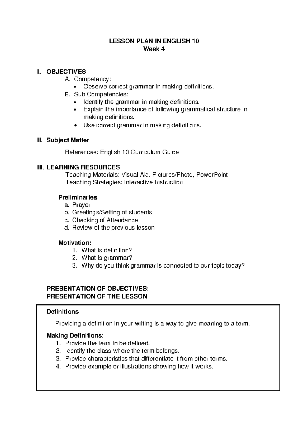 Q4 W4 Lesson Plan: Observing Grammar in Definitions - Studocu