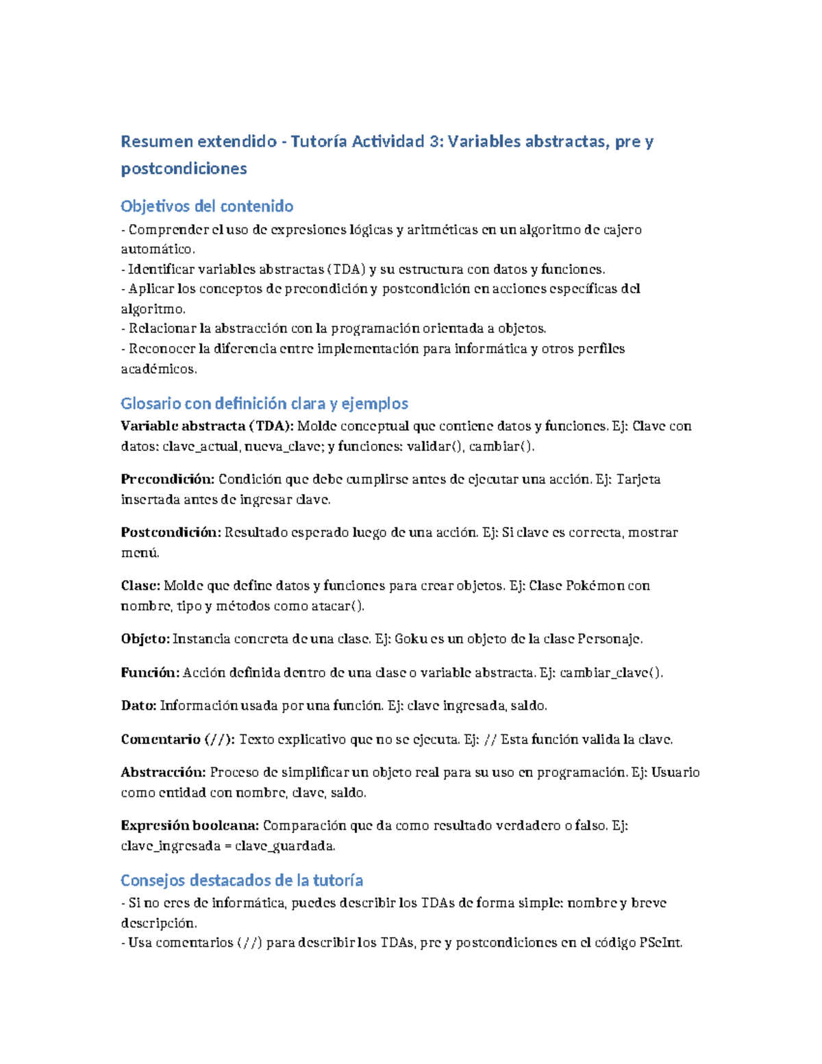 Resumen Tutoría Actividad 3: Variables Abstractas y Algoritmos - Studocu