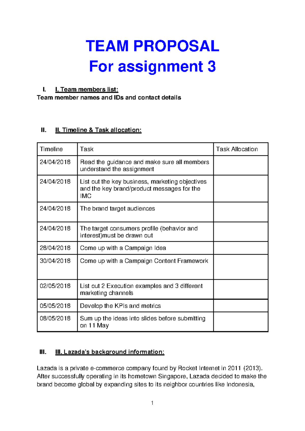 Team proposal past sample - 1 TEAM PROPOSAL For assignment 3 I. I. Team ...