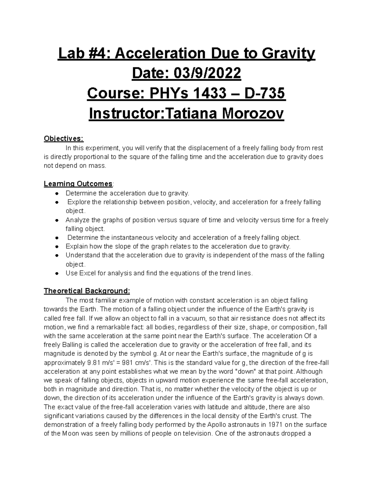 Lab 4: Acceleration Due to Gravity in Physics 14333 Experiment - Studocu