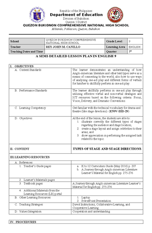 Semi detailed lesson plan - SEMI-DETAILED LESSON PLAN I objectives: At ...
