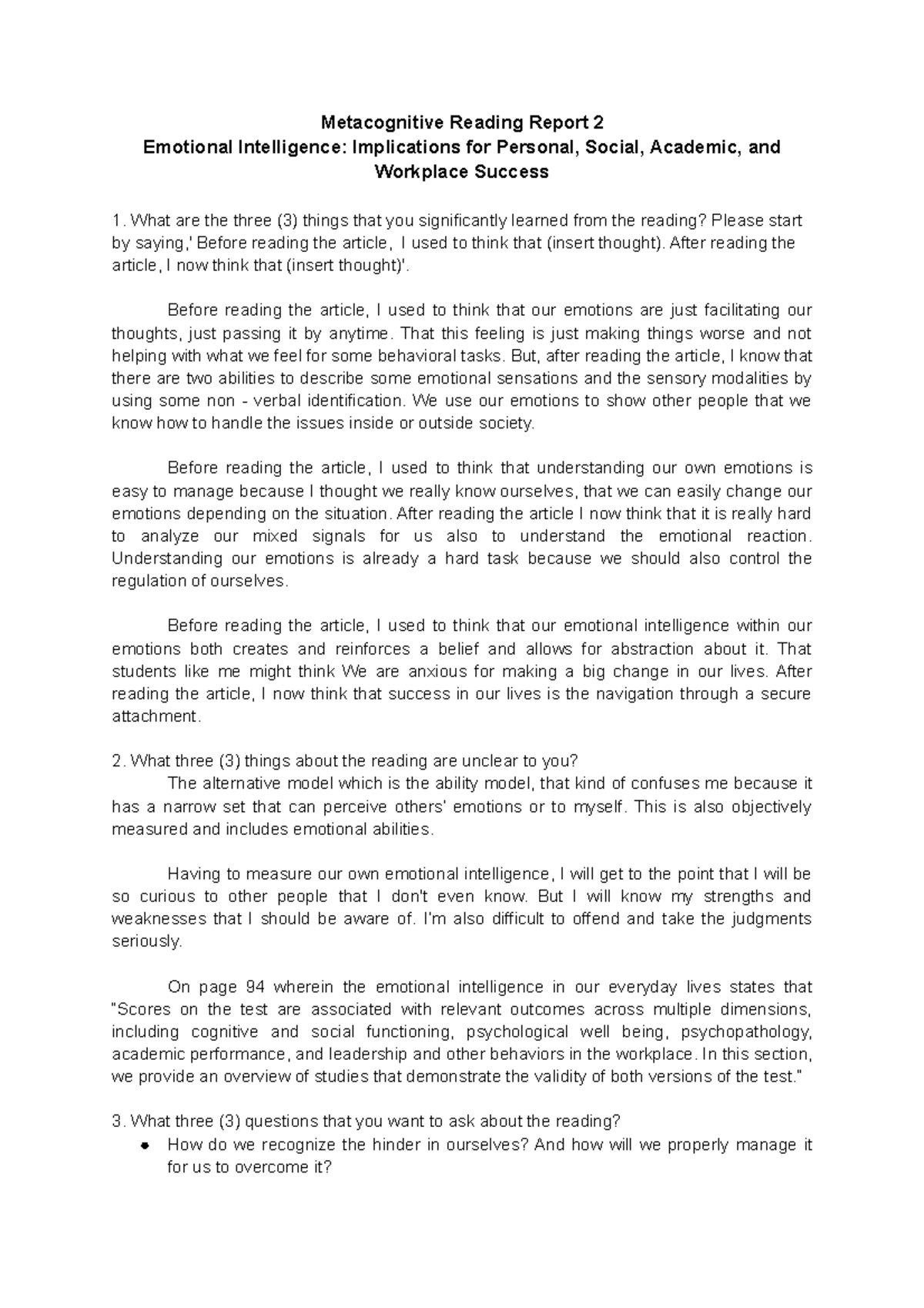 Metacognitive Reading Report 2 - Understanding the Self - Metacognitive Reading Report 2 ...