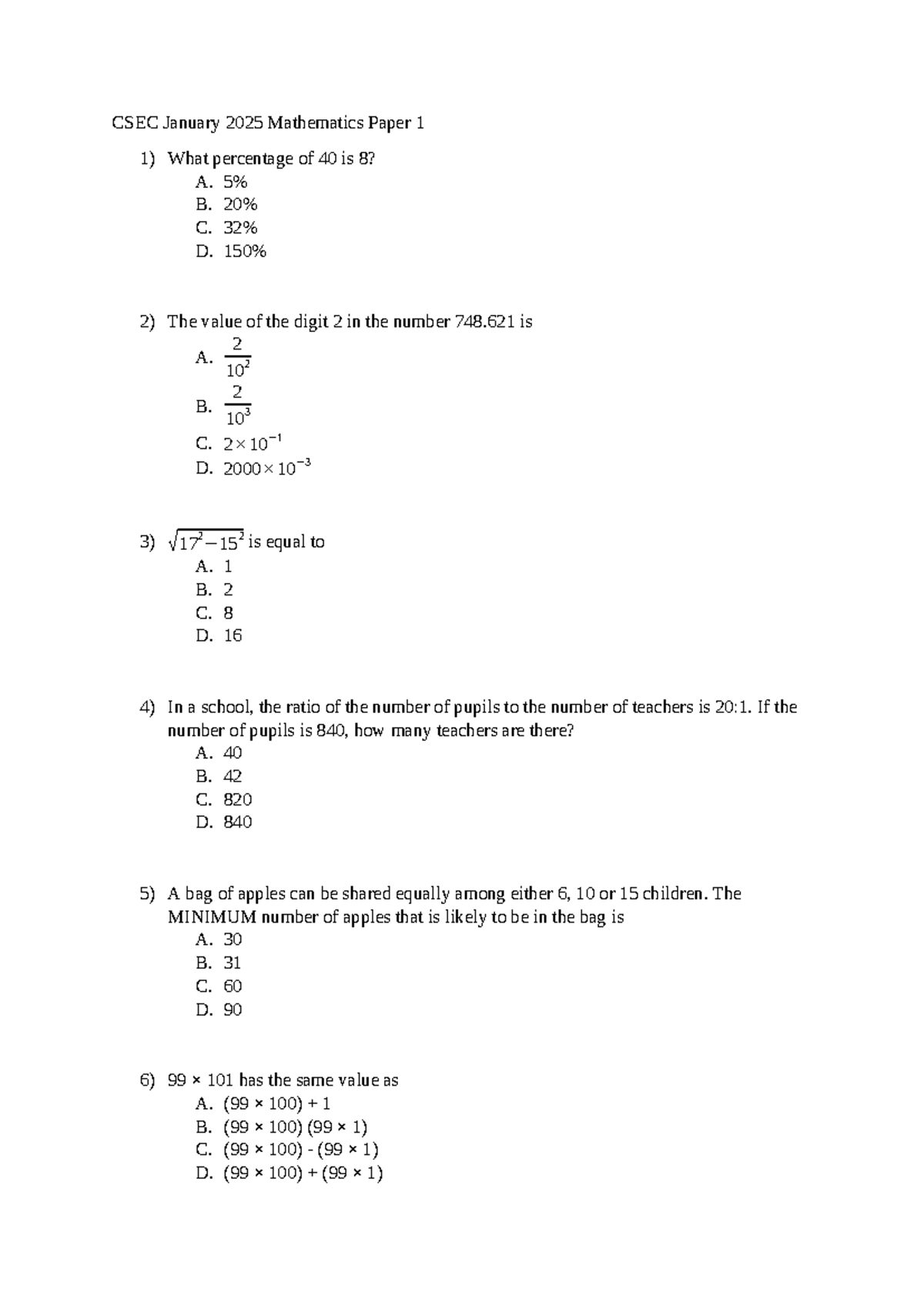 CSEC 840204916 January 2025 Math Paper 1 Exam Questions - Studocu