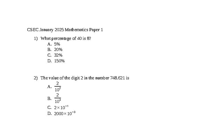 CSEC 840204916 January 2025 Math Paper 1 Exam Questions - Studocu