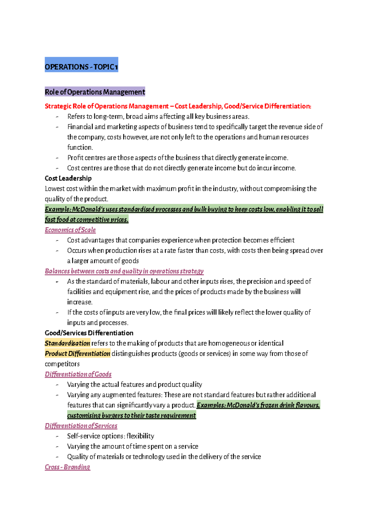 Operations Management: Strategic Role, Cost Leadership ...
