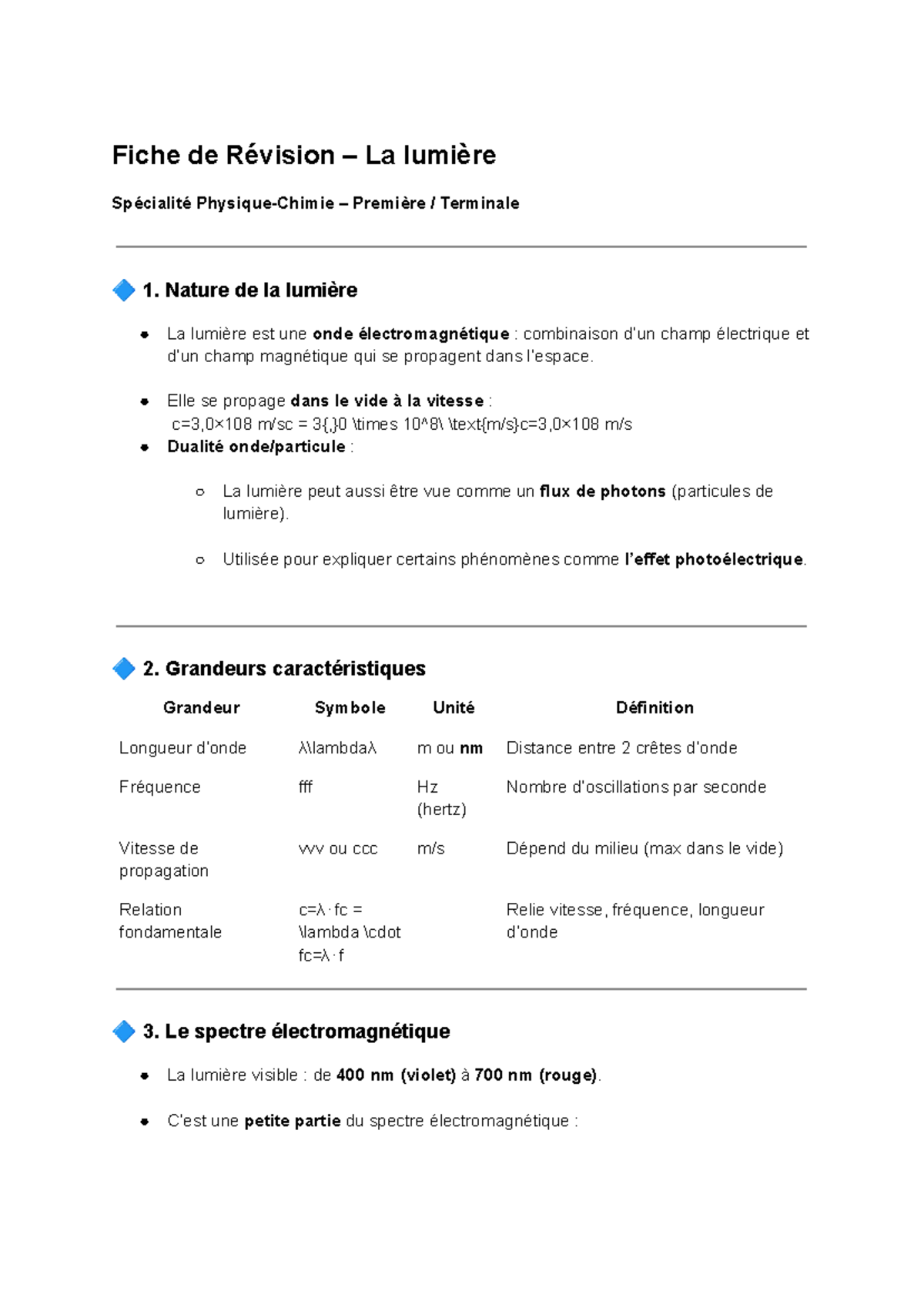 Révision sur la lumière - Spécialité Première Terminale - Studocu