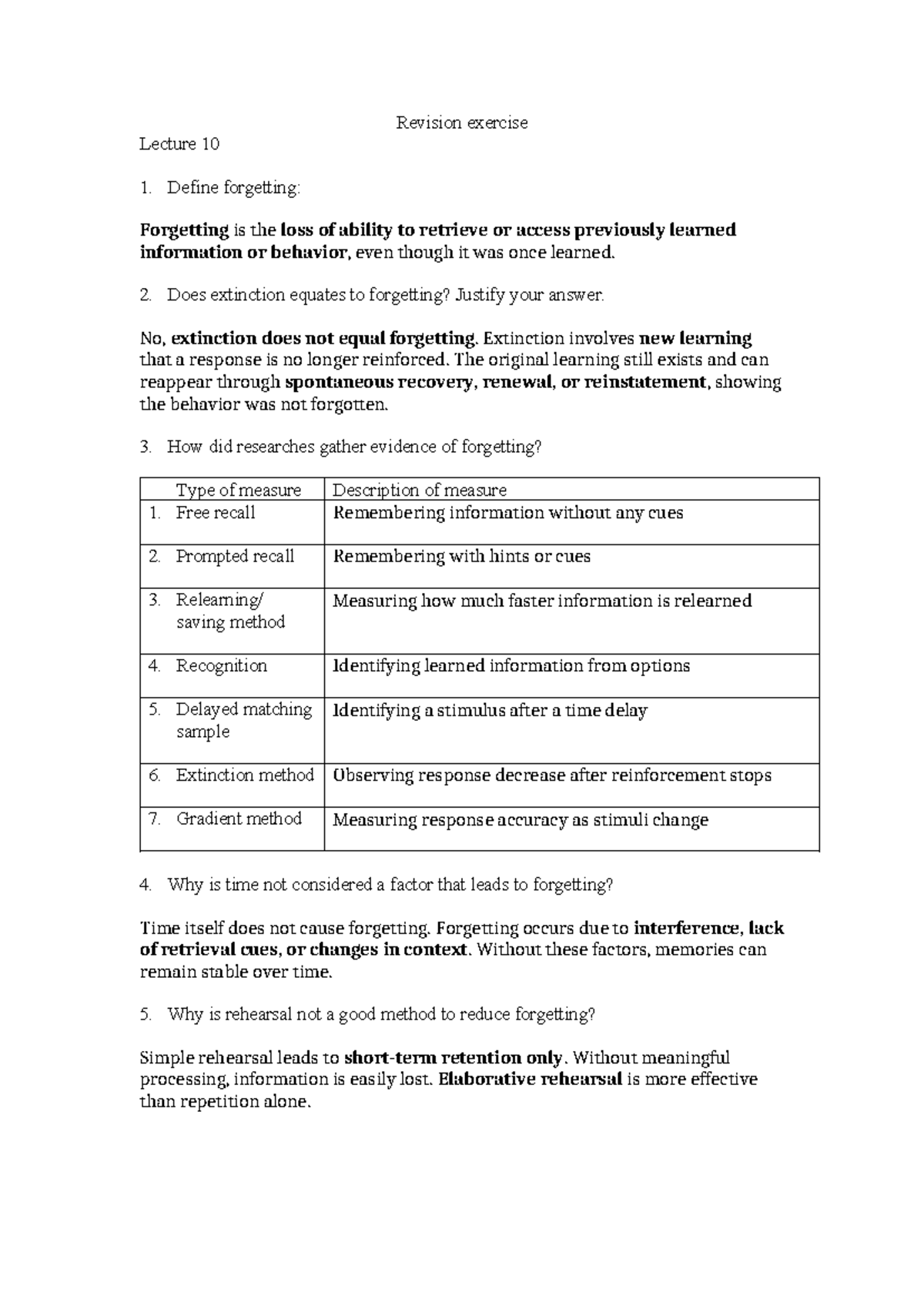 Revision Exercise - Lecture 10: Understanding Forgetting Concepts - Studocu