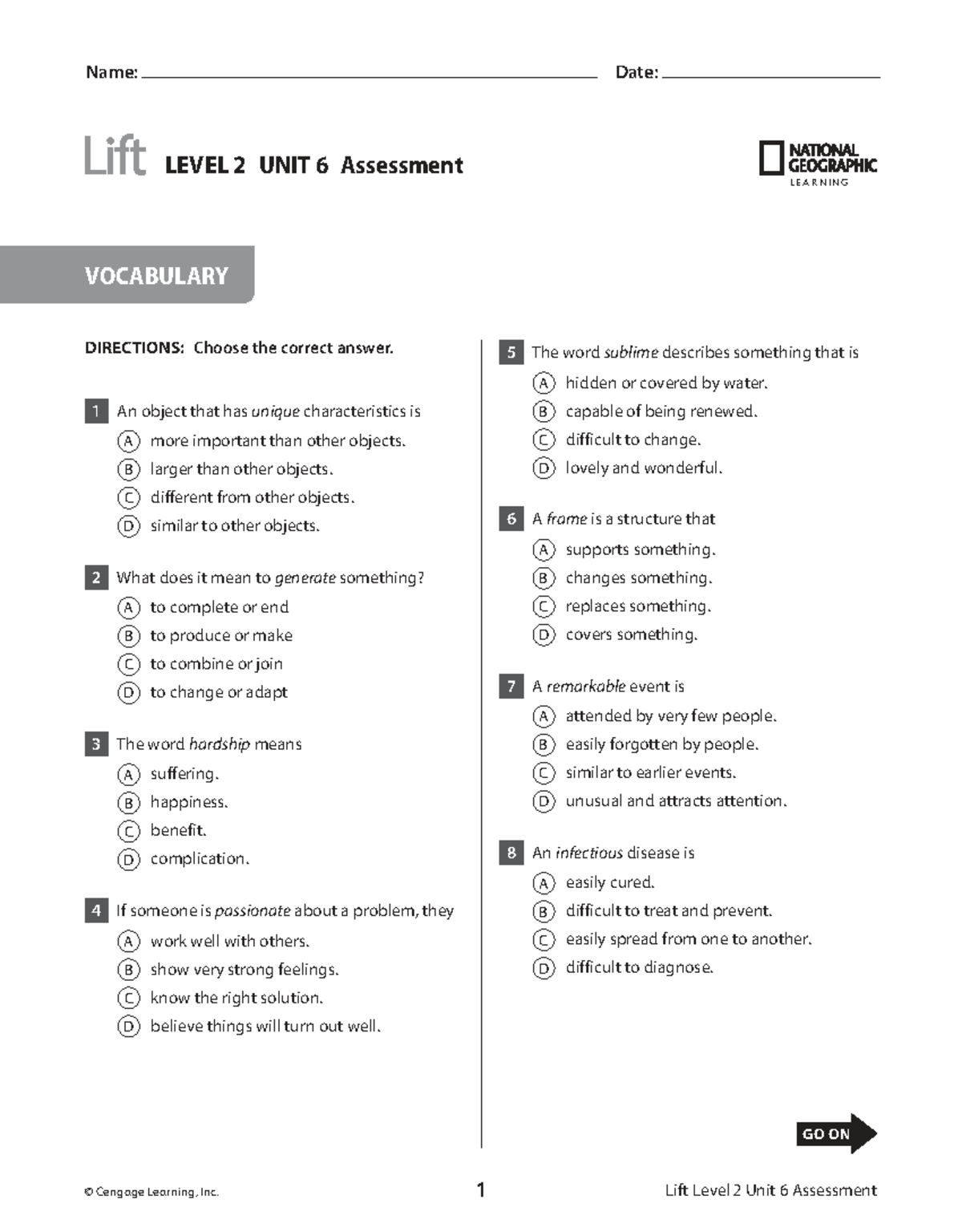 Lift Level 2 Unit 6 Vocabulary & Reading Assessment - Studocu