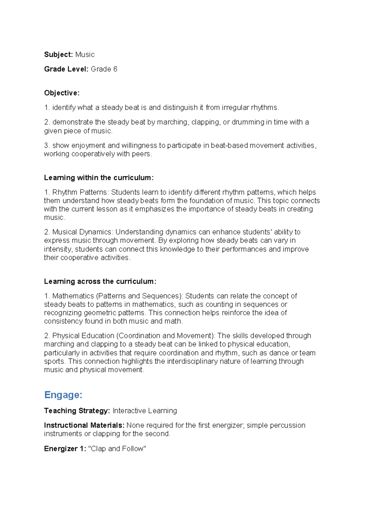Grade 6 Music Lesson Plan: Steady Beats & Irregular Rhythms - Studocu