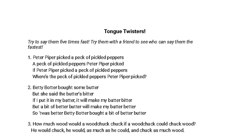 Tongue Twisters Fun: Challenge Your Friends! - Studocu