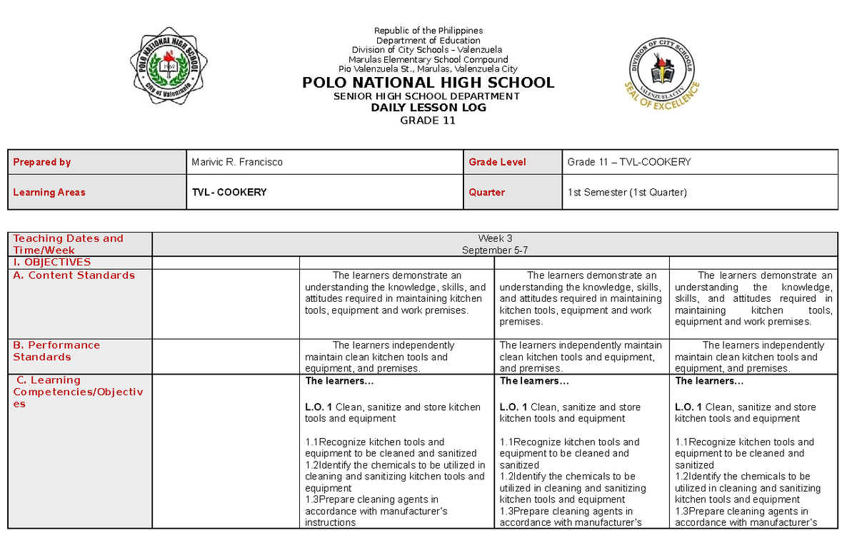 DLL- Cookery 11 WEEK 3 - Republic of the Philippines Department of ...