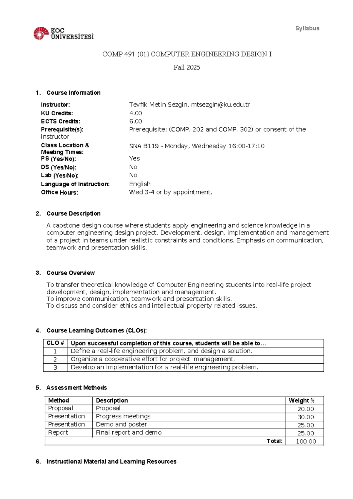 COMP 491 Syllabus: Computer Engineering Design I - Fall 2025 - Studocu