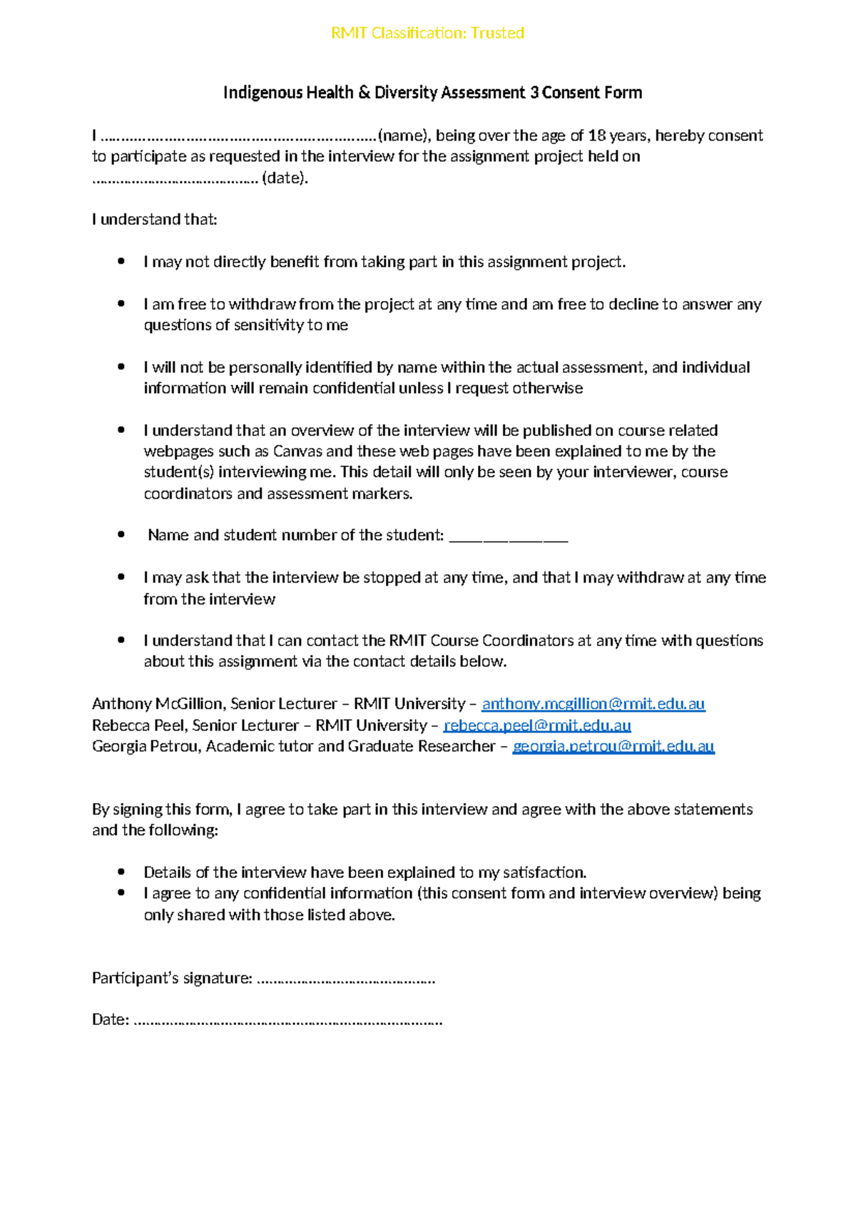 Consent Form for PUBH 2025 Assessment 3: Indigenous Health Interview ...
